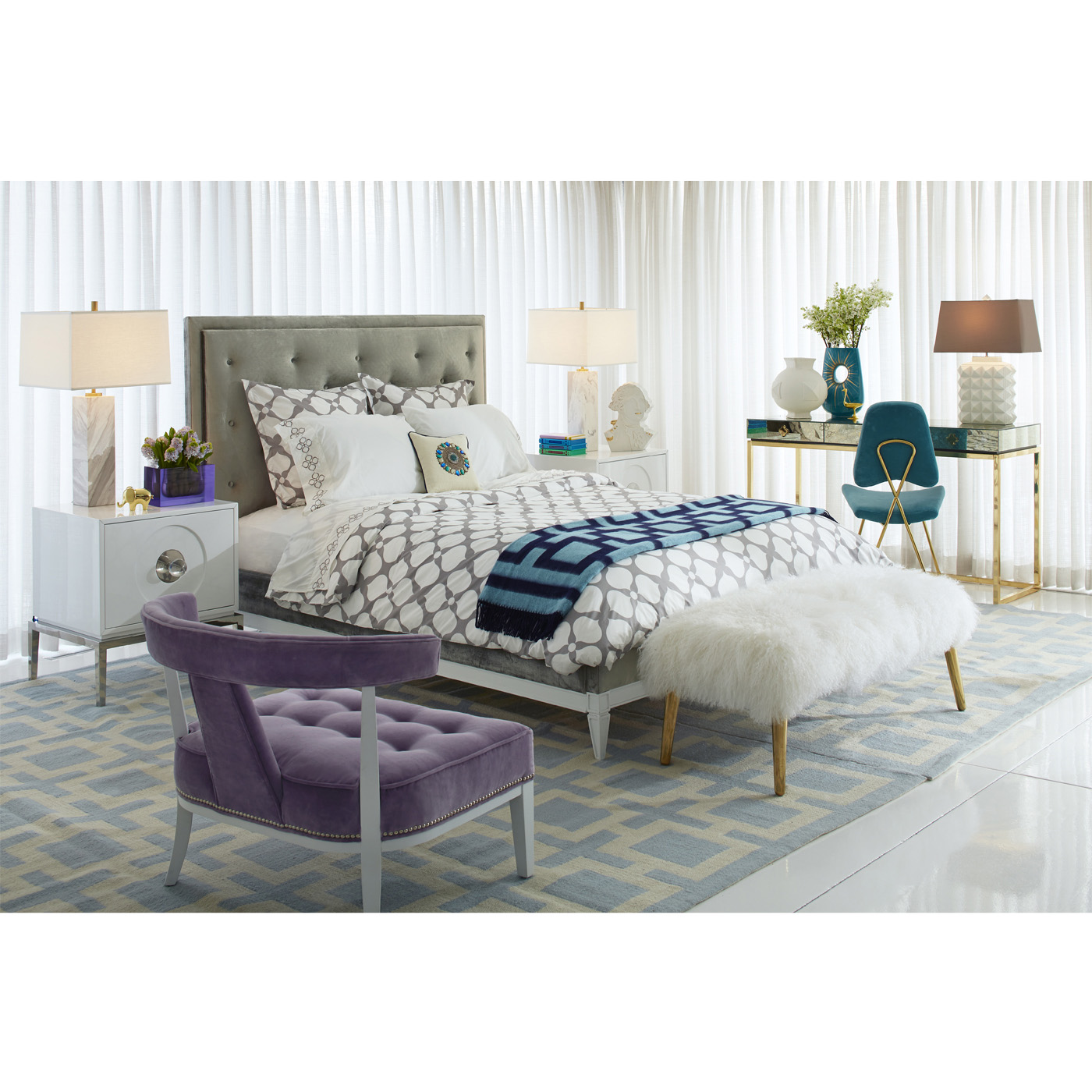 Jonathan Adler bedroom with fur bench - Splendid Habitat